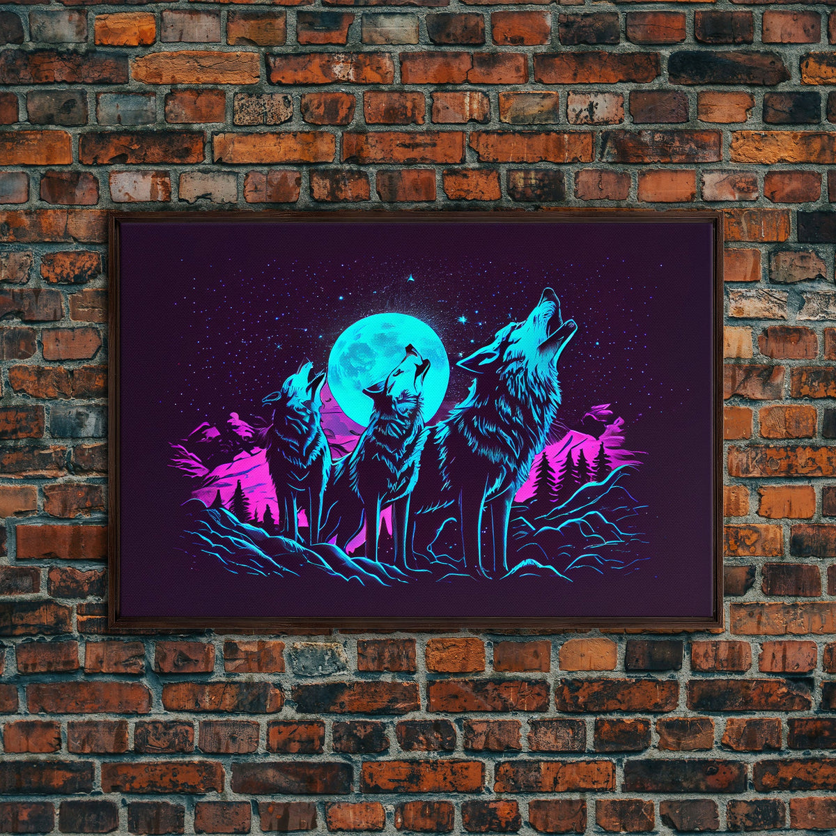 Howl at the moon - turquoise wolf pack howling at the moon, framed can
