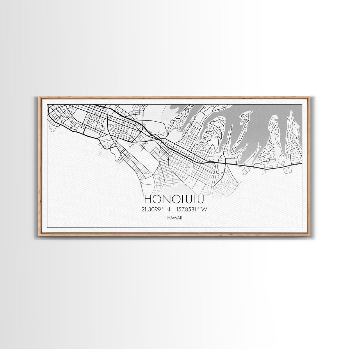 Honolulu City Map, Hawaii Map, Map Art, Modern Art, Wall Art, Canvas A