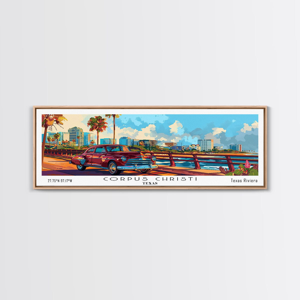 Corpus Christi Texas Panoramic Painting Framed Canvas Print, Mid Centu