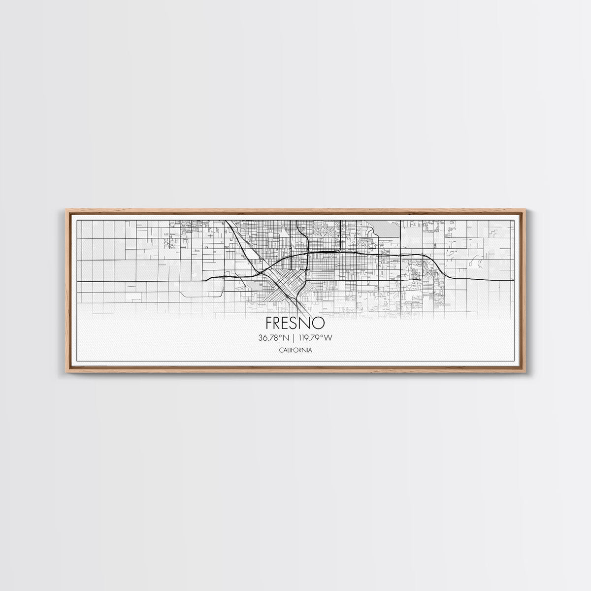 Panoramic Fresno City Map, California Art, Map Print, Minimalist Wall