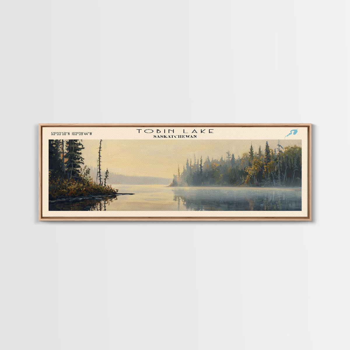 Tobin Lake Panoramic Wall Art, Framed Canvas Print, Lake House Decor,