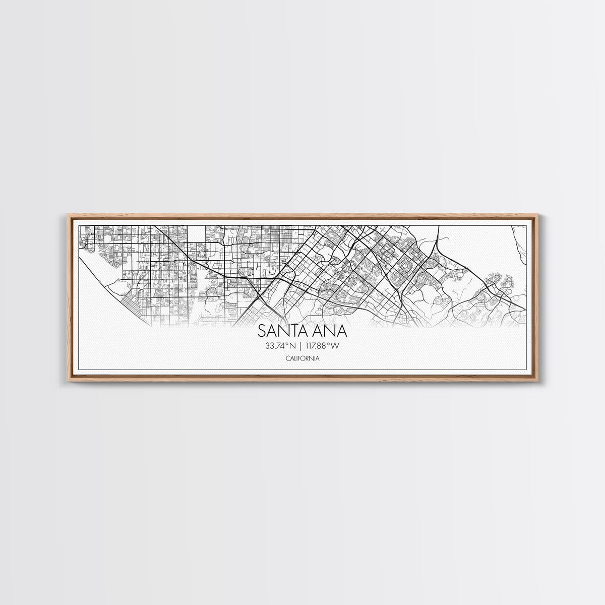 Panoramic Santa Ana City Map, California Art, Map Print, Minimalist Wa