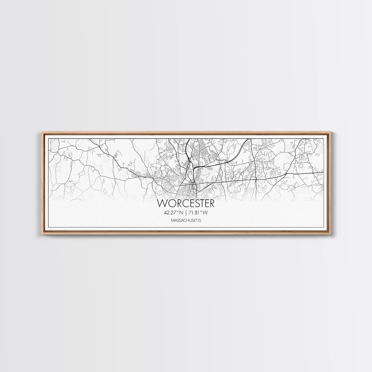 Panoramic Worcester City Map, Massachusetts Art, Map Print, Minimalist