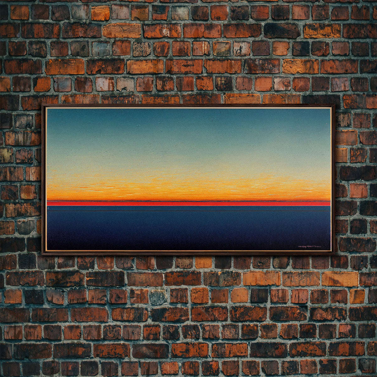 Beautiful Art deco style watercolor sunset, framed canvas print, ready
