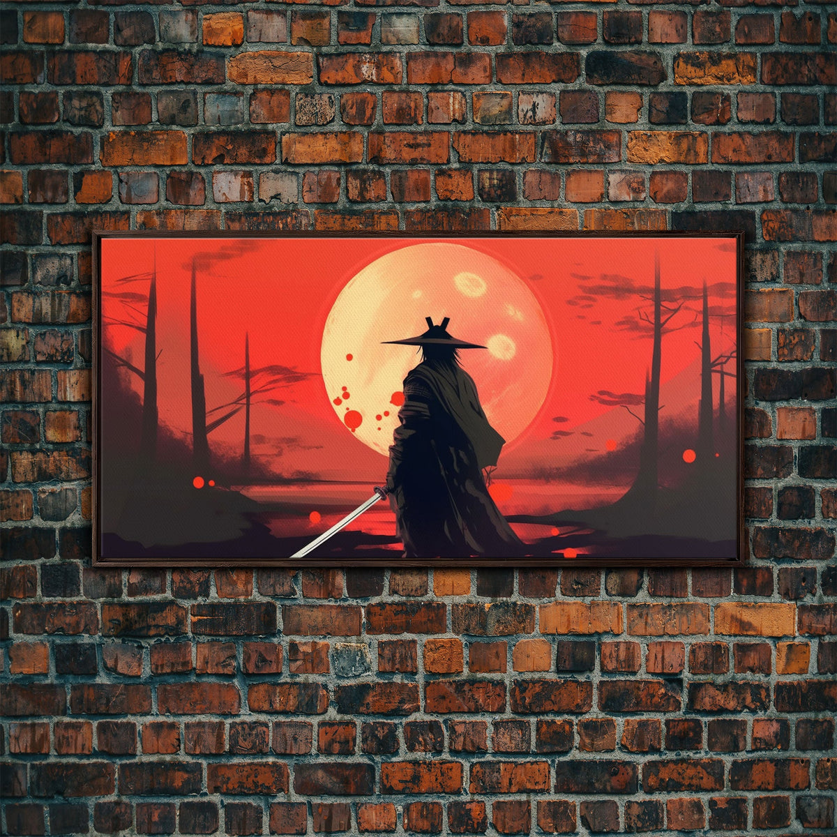 Mysterious Samurai and Blood Moon Print on Canvas, Framed Canvas Print