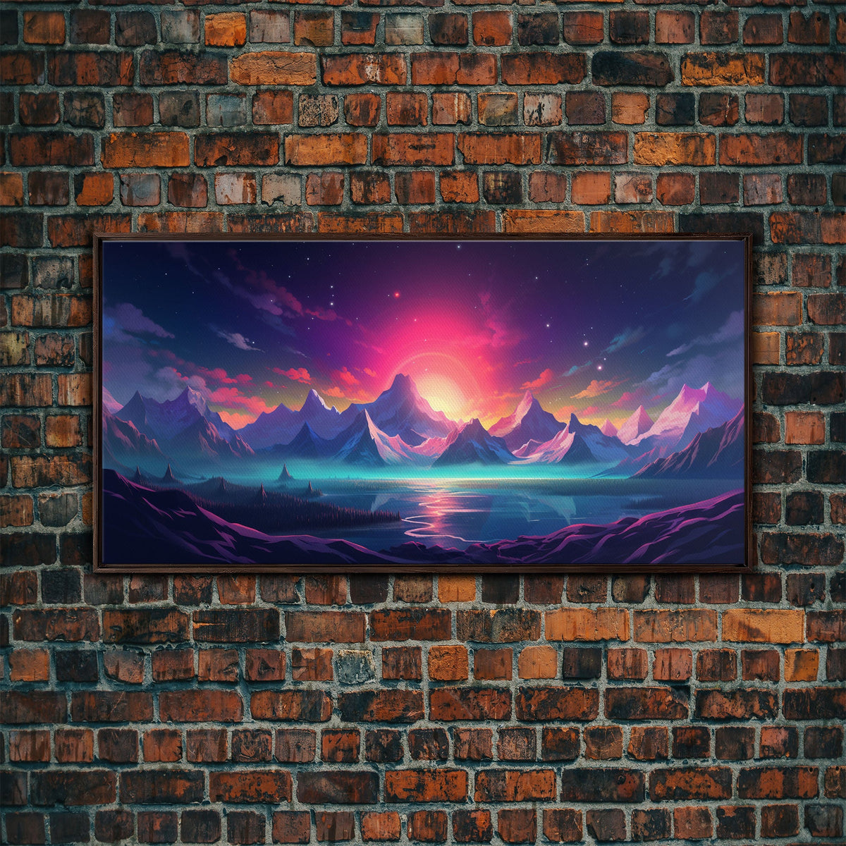 Synthwave Art, Framed Canvas Print, Beautiful Scifi Mountains Wall Art