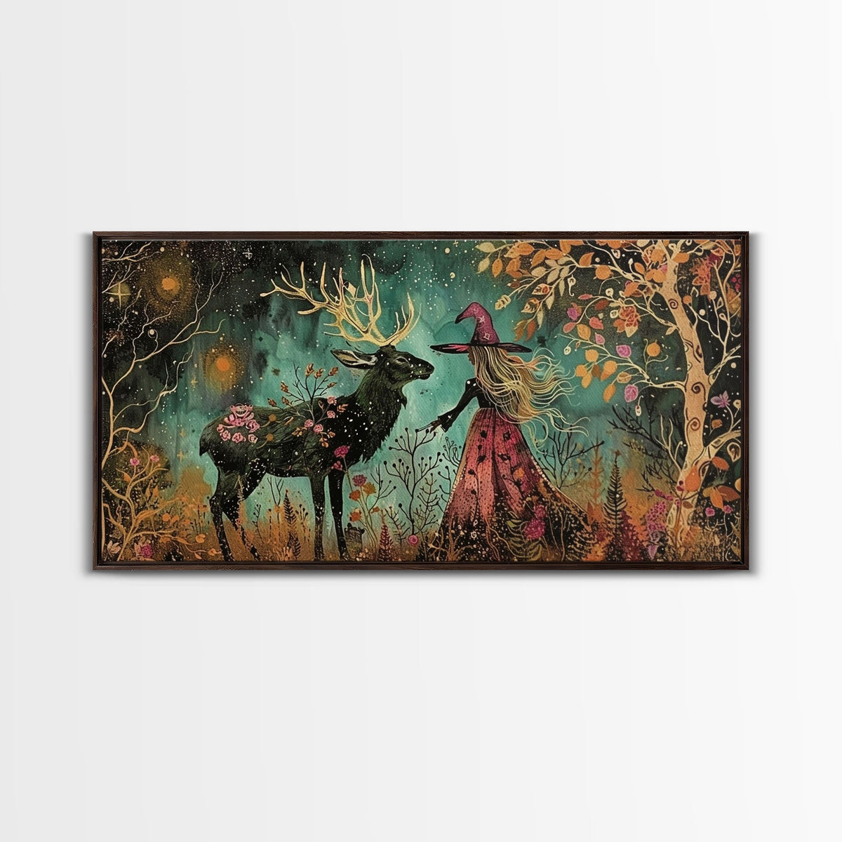 Victorian Witch and her Deer Familiar | Framed Canvas Print | Dark Aca