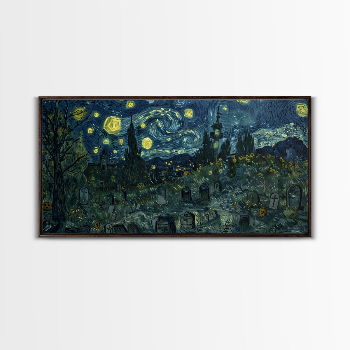 Starry Night Inspired Haunted Graveyard Framed Canvas Print, Halloween