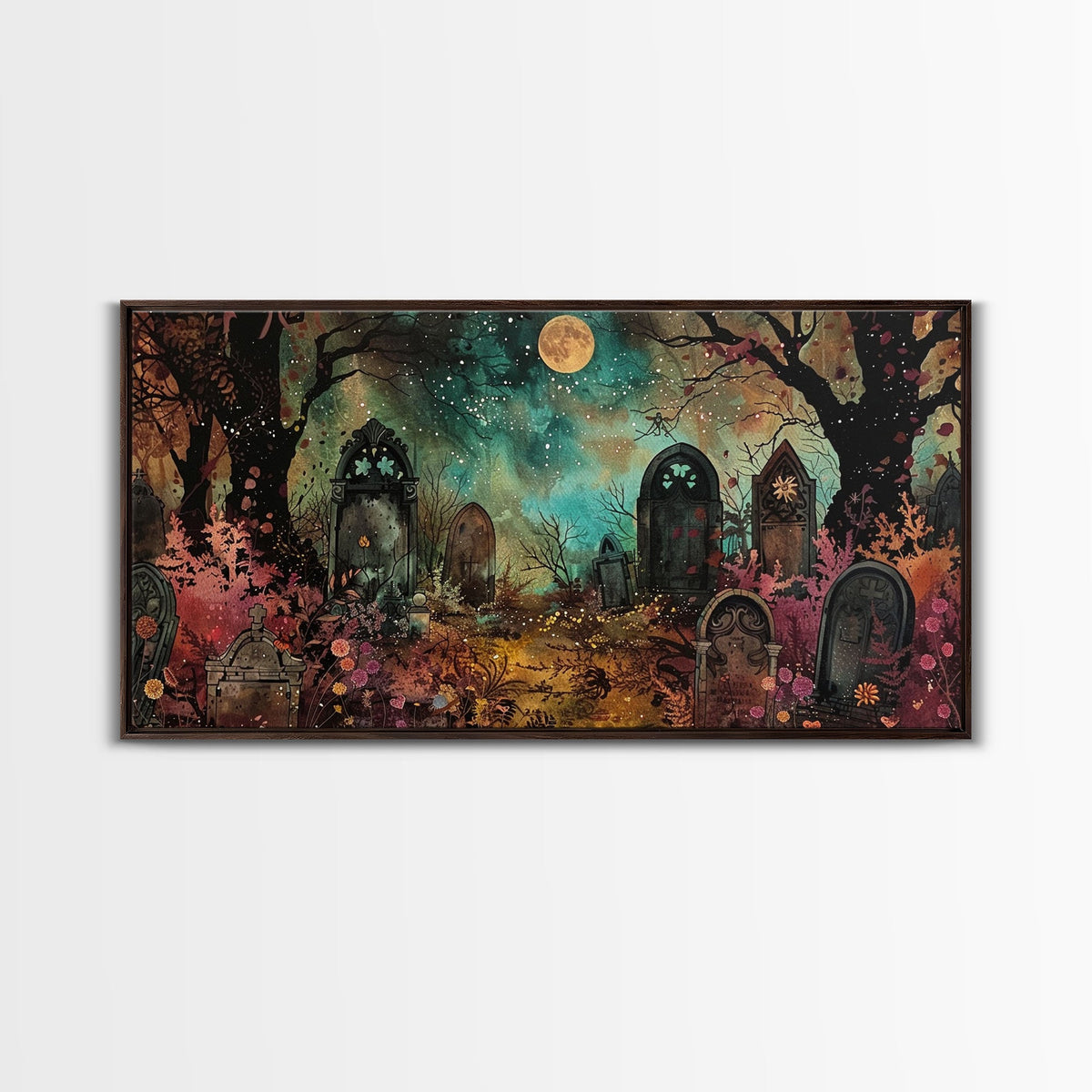Spooky Cottagecore Mashup, Halloween Decor, Framed Canvas Print, Haunt
