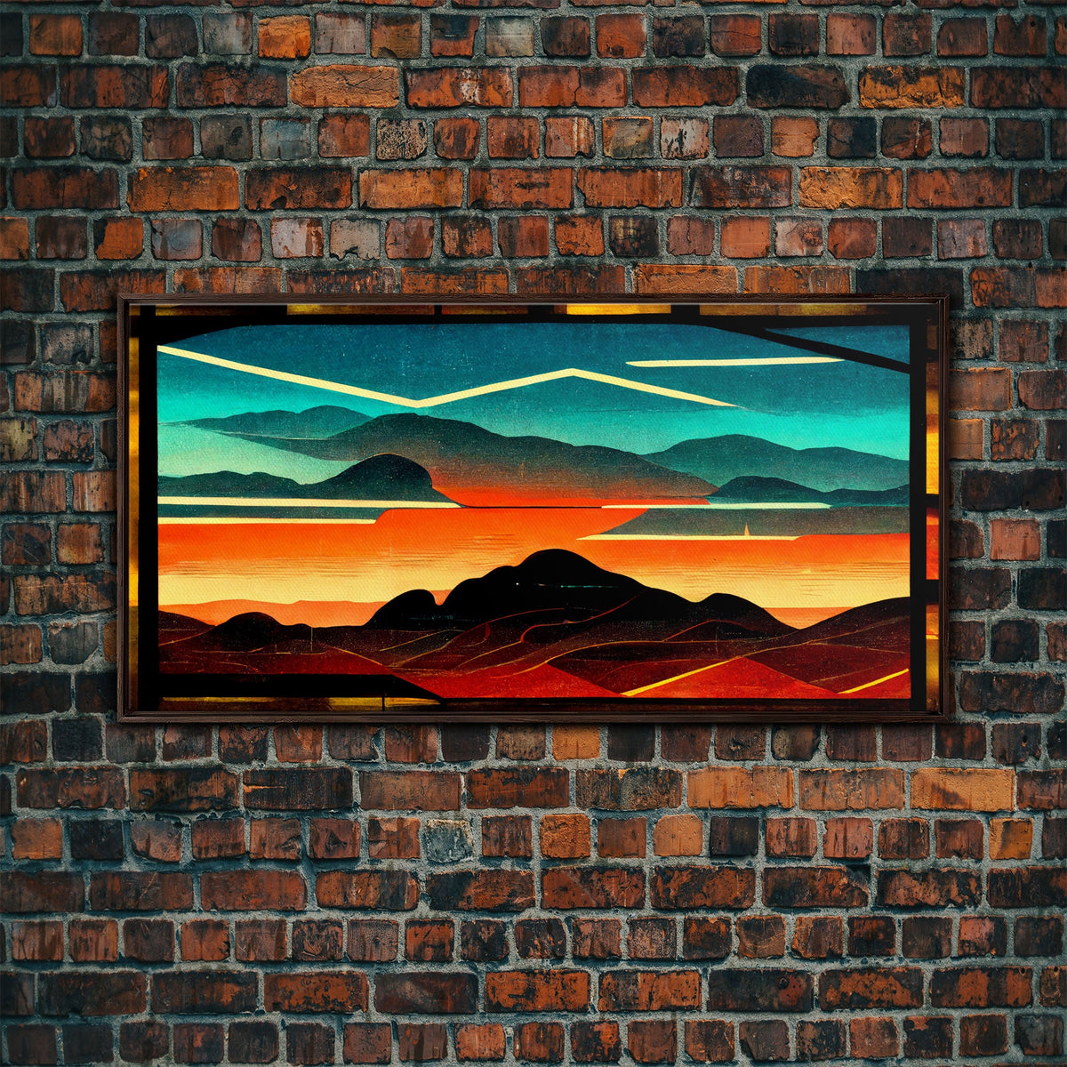 Pueblo style art deco sunset canvas print, outrun, colorful art, deser
