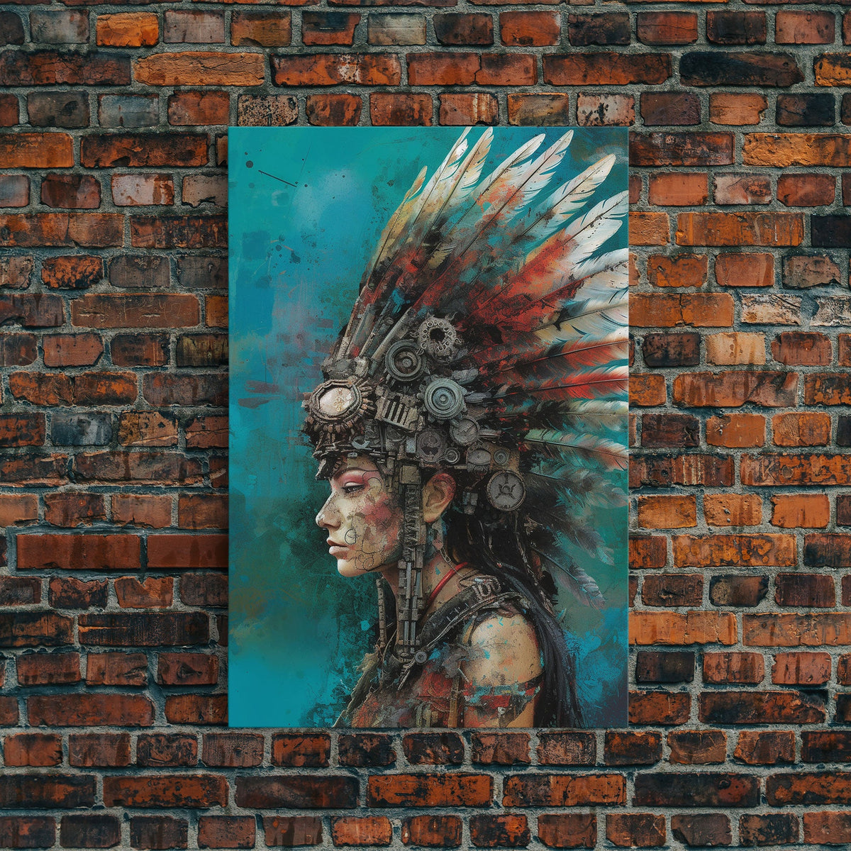 Steam Punk Native American Headdress, Framed Canvas Print, Abstract Ar