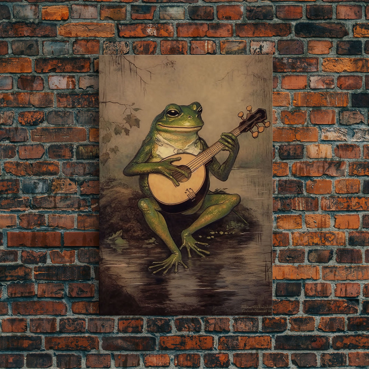 The Banjo Toad, Frog Playing A Banjo In The Moonlight, Vintage Canvas