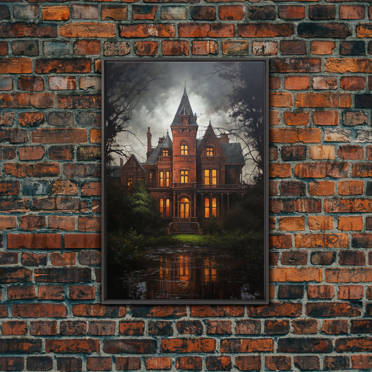 The Haunted House, Framed Canvas Art, Painting Of Haunted Victorian Ma