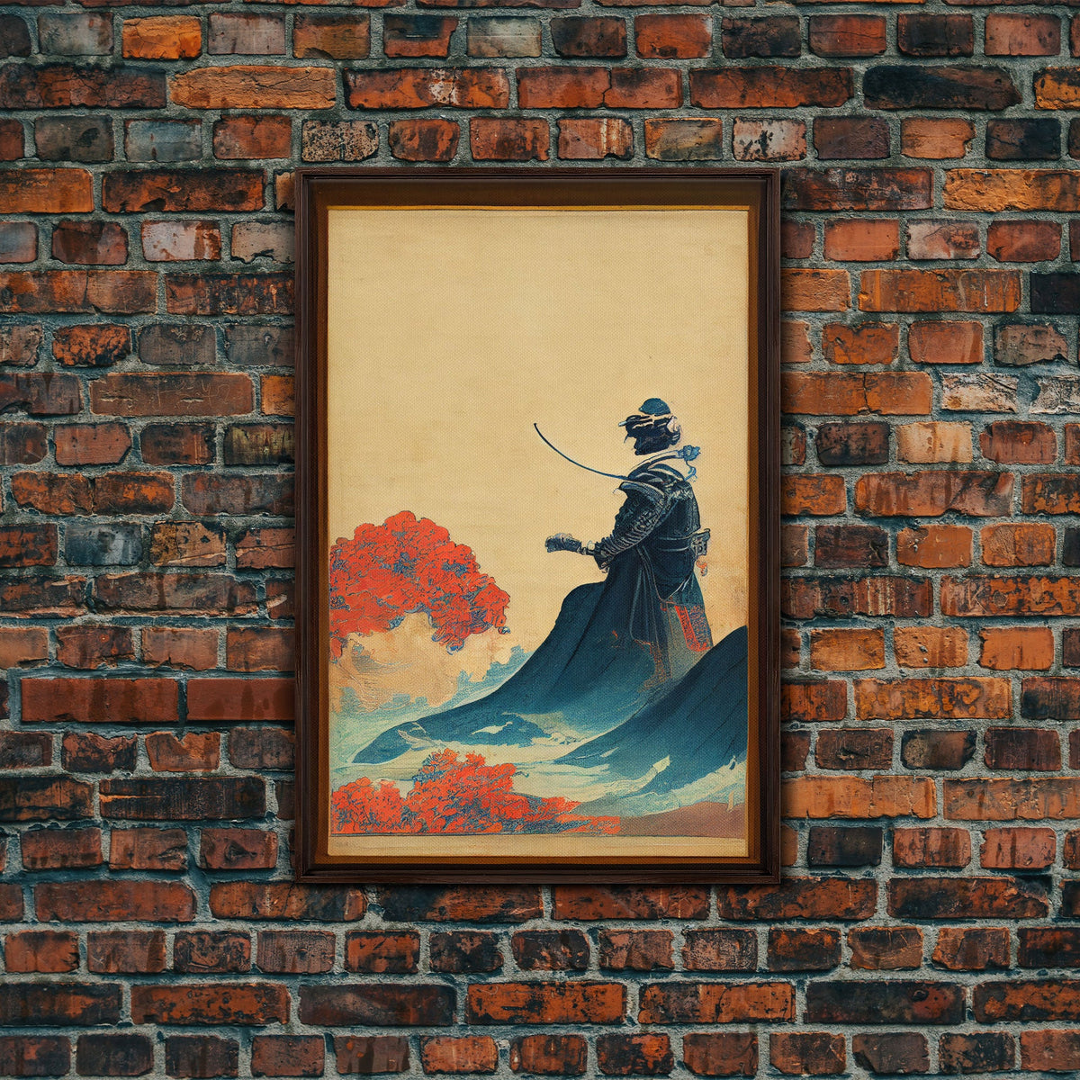 Samurai and Japanese Maple Tree Portrait, Framed Canvas Print, Ready T