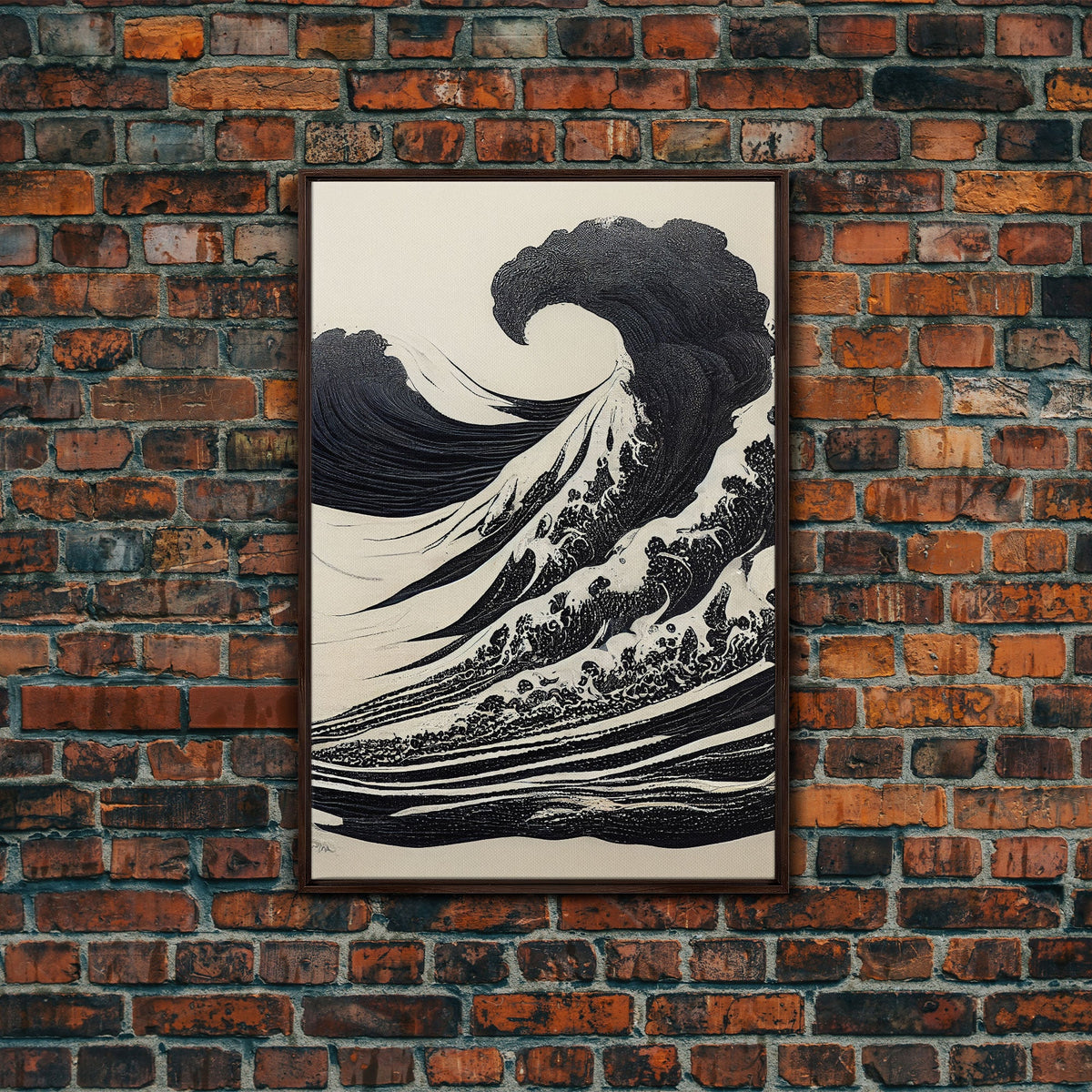 Black and White Tsunami Waves, Japanese Style Art, Framed Canvas Print
