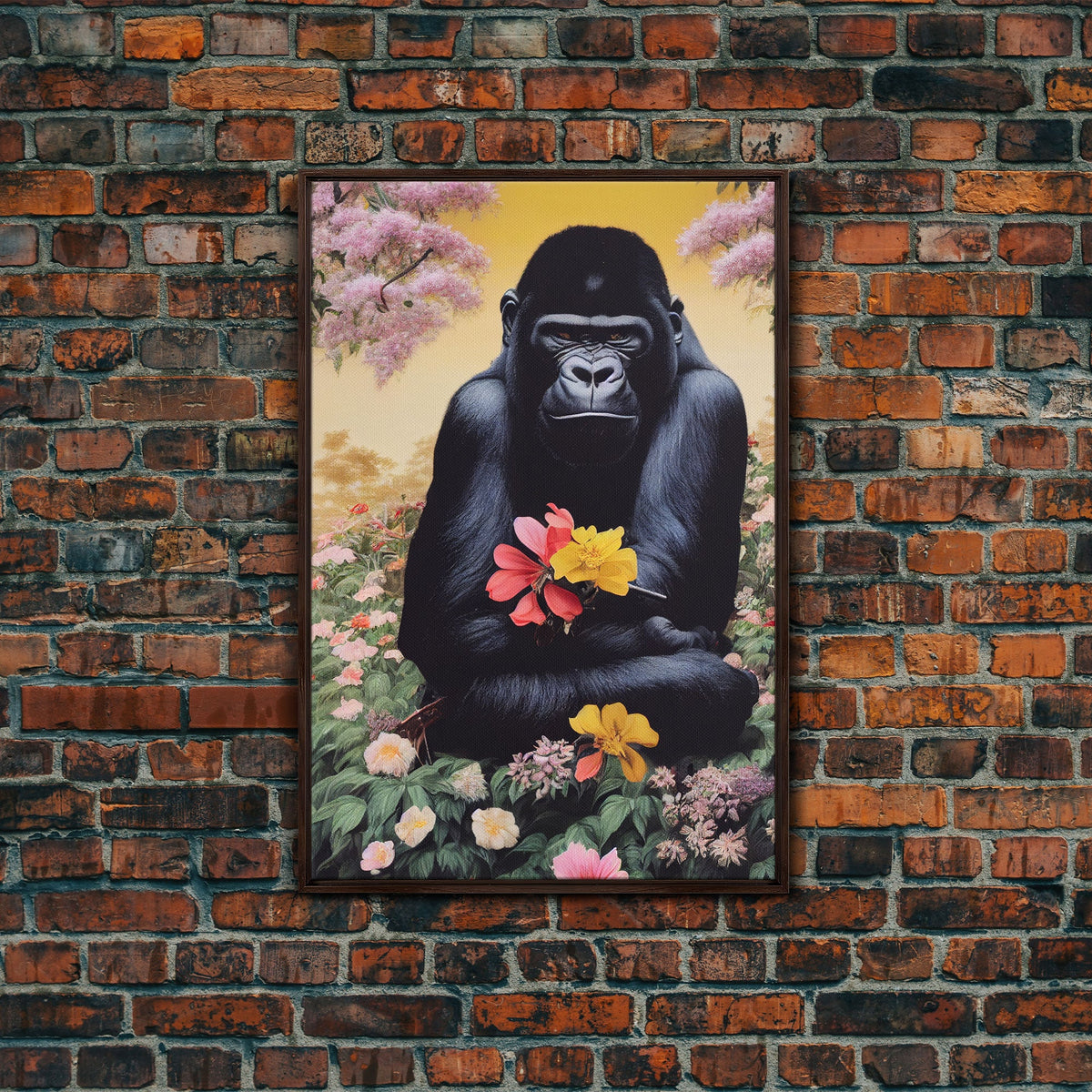 Portrait of a happy gorilla holding flowers, Framed Canvas Print, Read