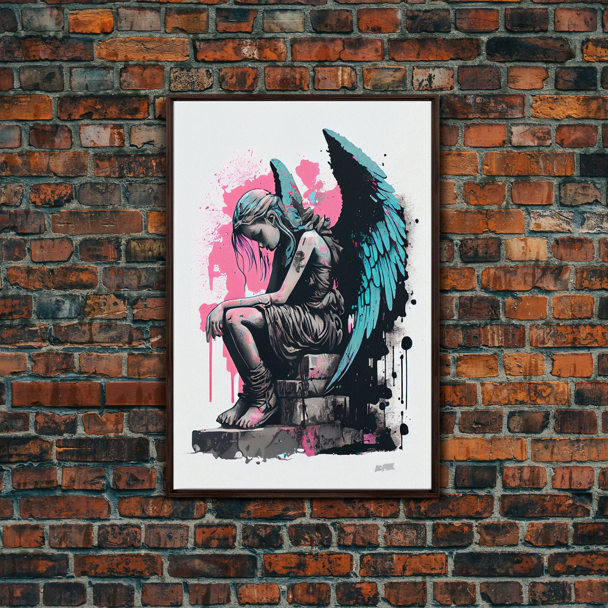 Sad angel graffiti art, street inspired art, framed canvas print, fram