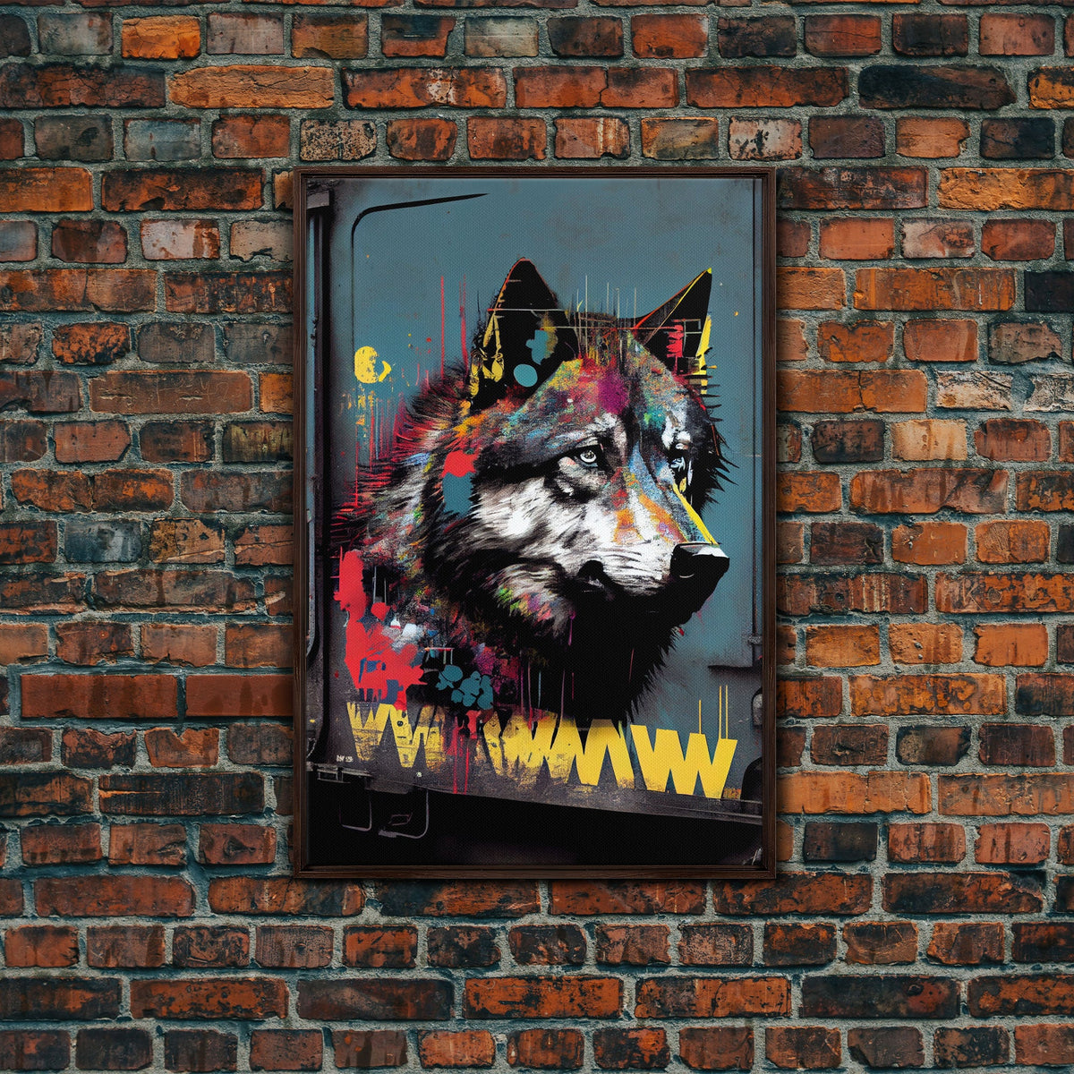Wolf graffiti on a subway train car, framed canvas print, framed wall