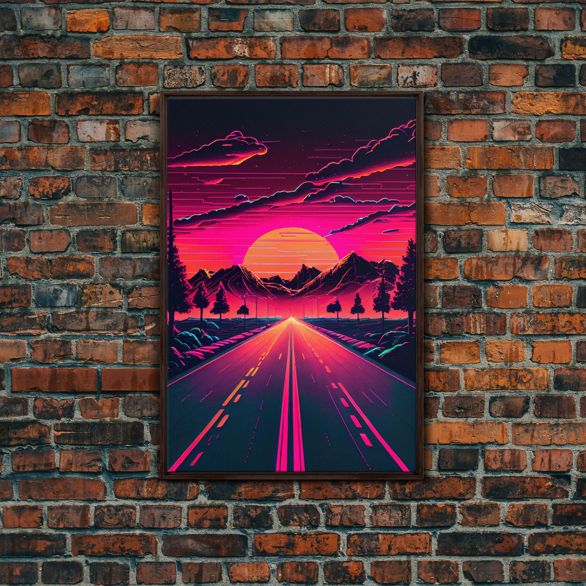 Outrun Sunset over the Arizona mountains, neon aesthetic art, framed c