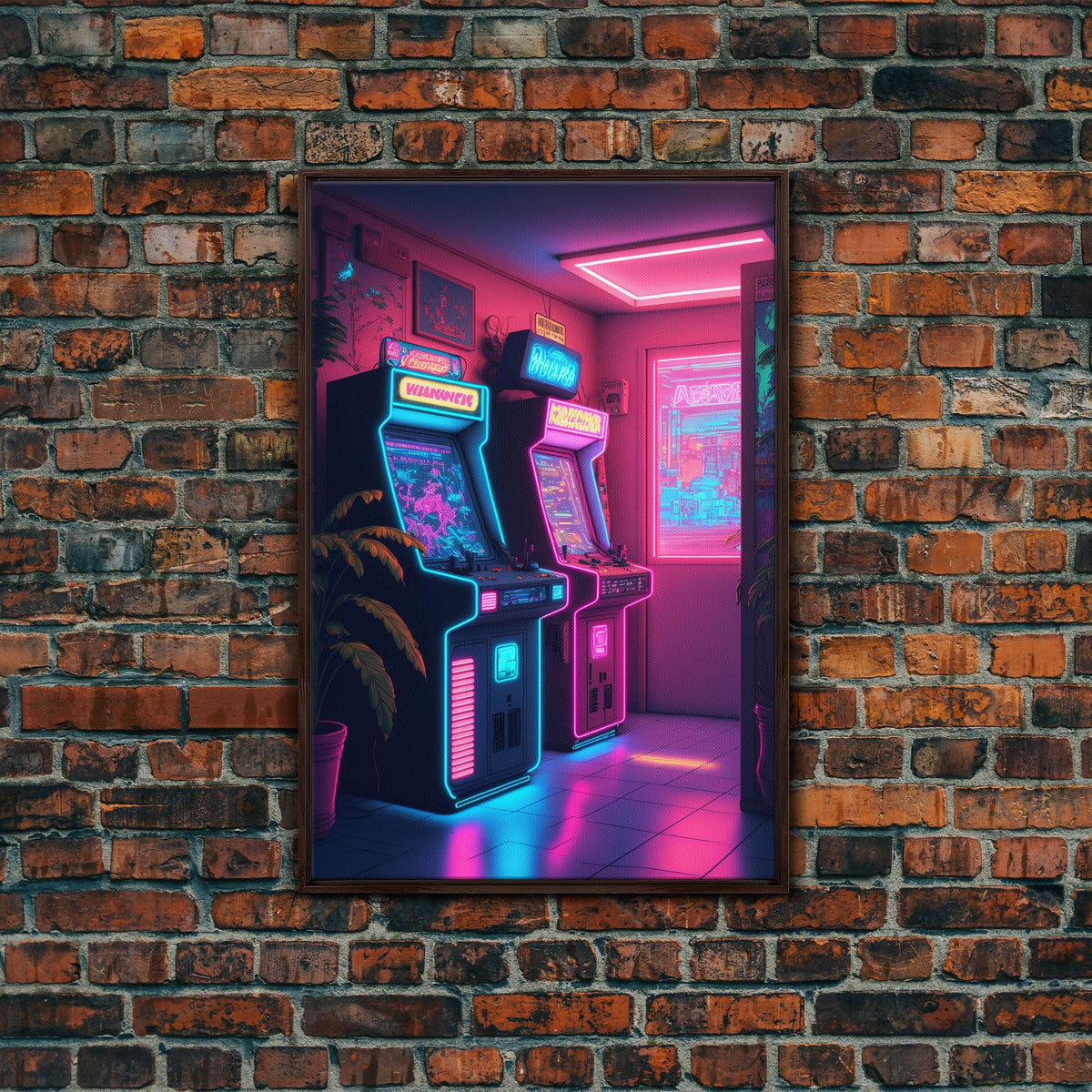 Retrowave Arcade Room, Neon Gamer Art, Framed Canvas Print, Framed Wal