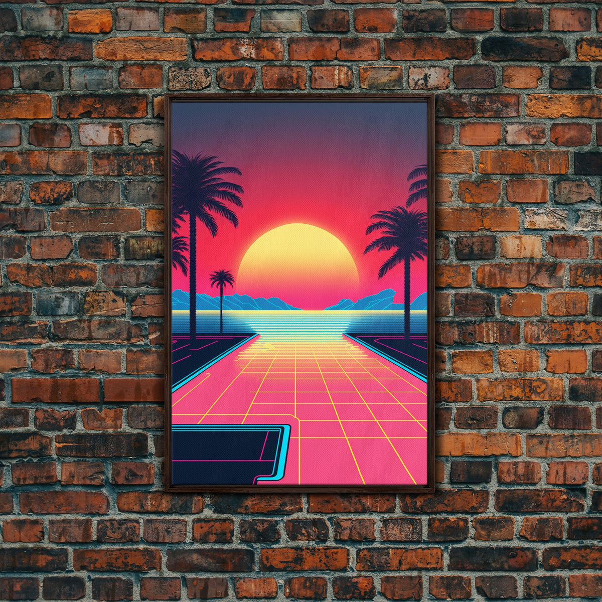 Retro Synthwave Sunset Canvas Print w/ Infinite Pool & Palm Trees | Fr