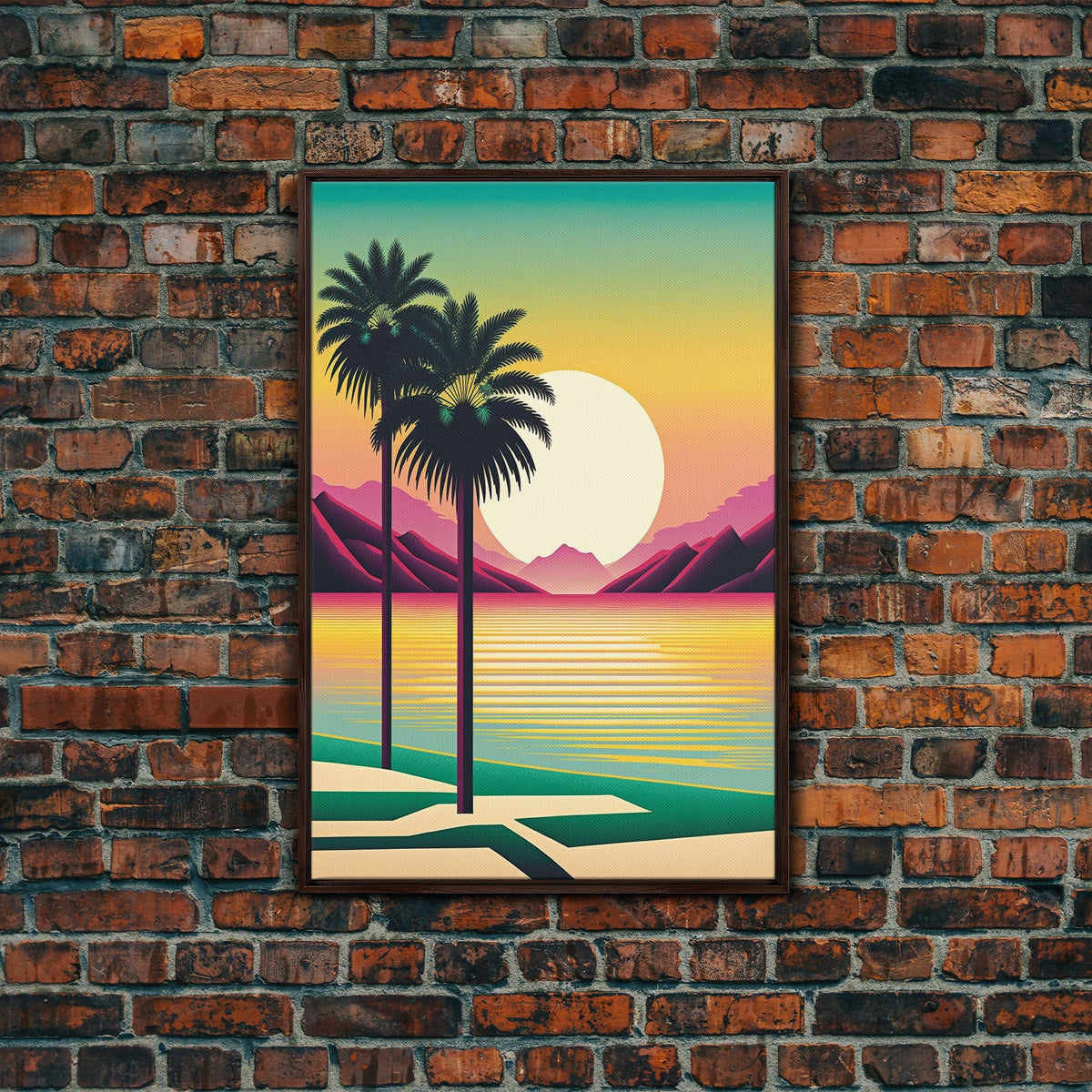 Framed Canvas Print - Art Deco Sunset Scene - Mountains, Palmtrees & B