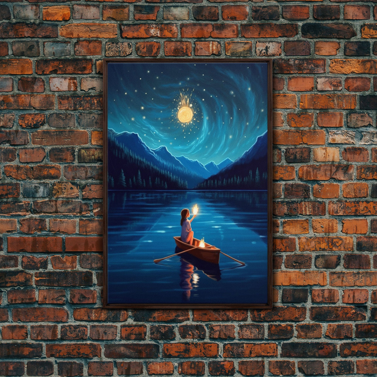 Starry Night, Girl Wizard Lights Up The Night Sky, Fantasy Art, Framed