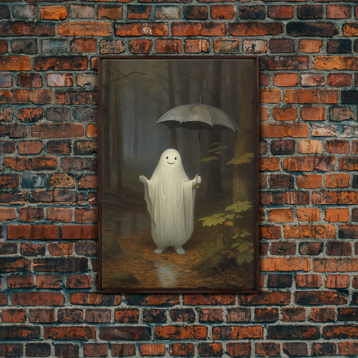 Goofy Ghost In The Rain, Vintage Halloween Canvas, Framed Canvas Print