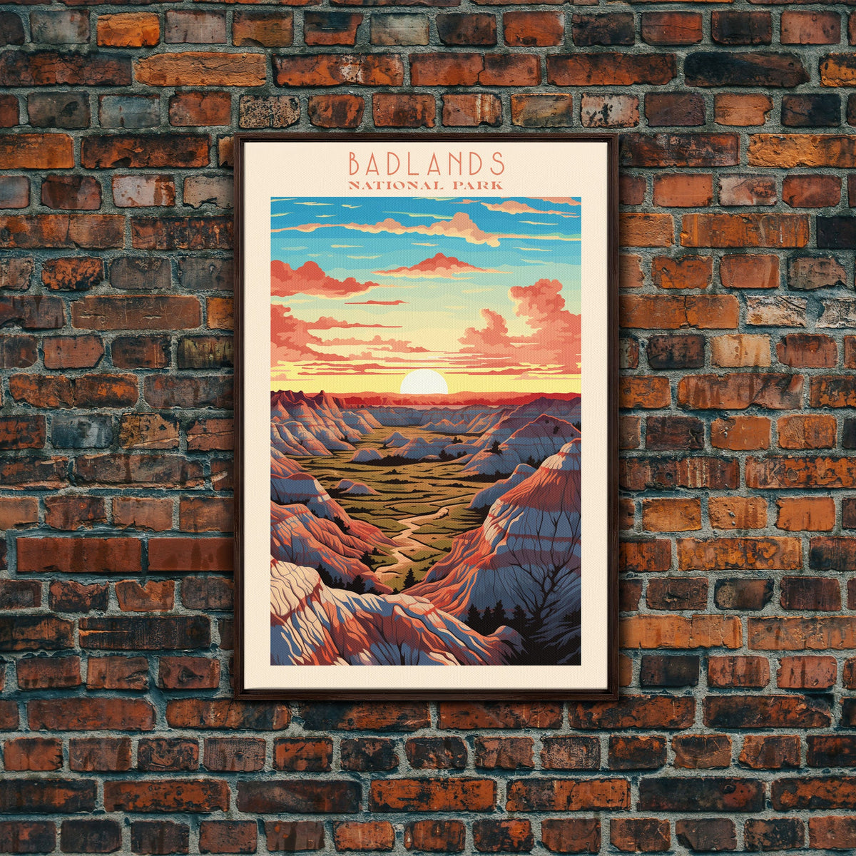 Badlands National Park, Framed Wall Art Canvas Print, Travel Poster, S