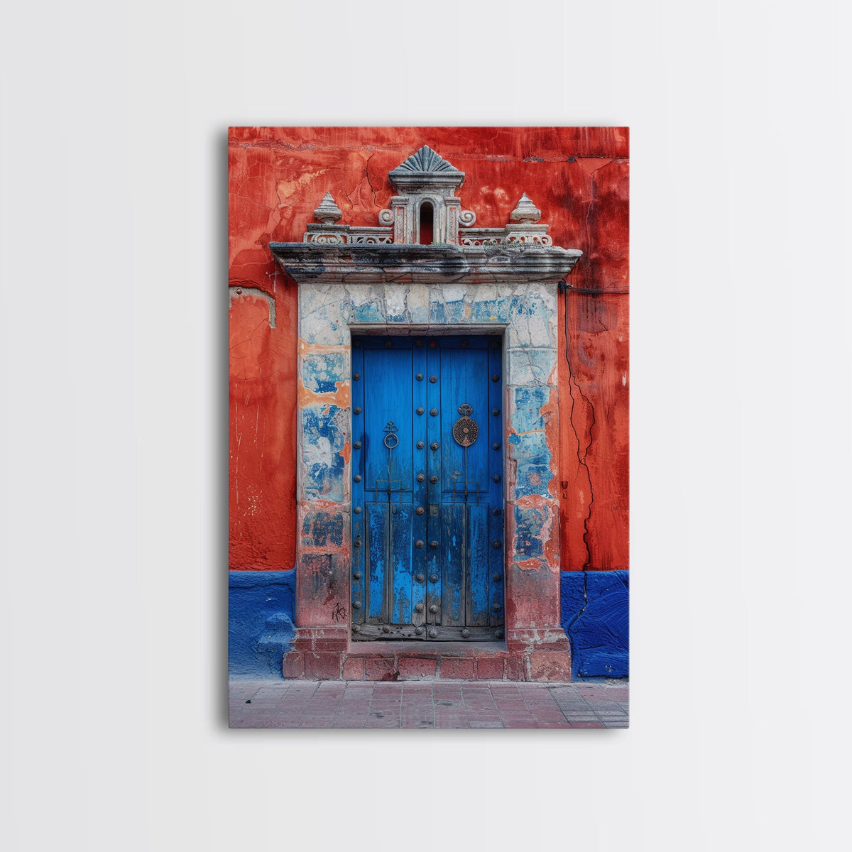 Tall Art Framed Canvas Print Of Mexican Style Blue Door And Red Walls