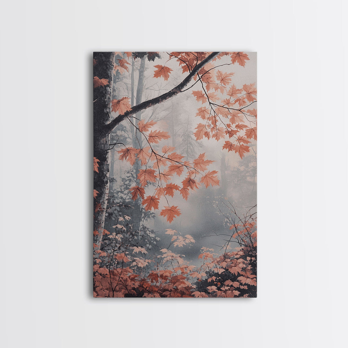 Framed Canvas Print of Fall Leaves on Branches in Misty Forest, Moody