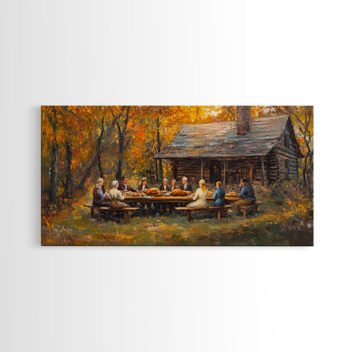 Thanksgiving Dinner With Family At Rustic Cabin, Cozy Fall Harvest Sce