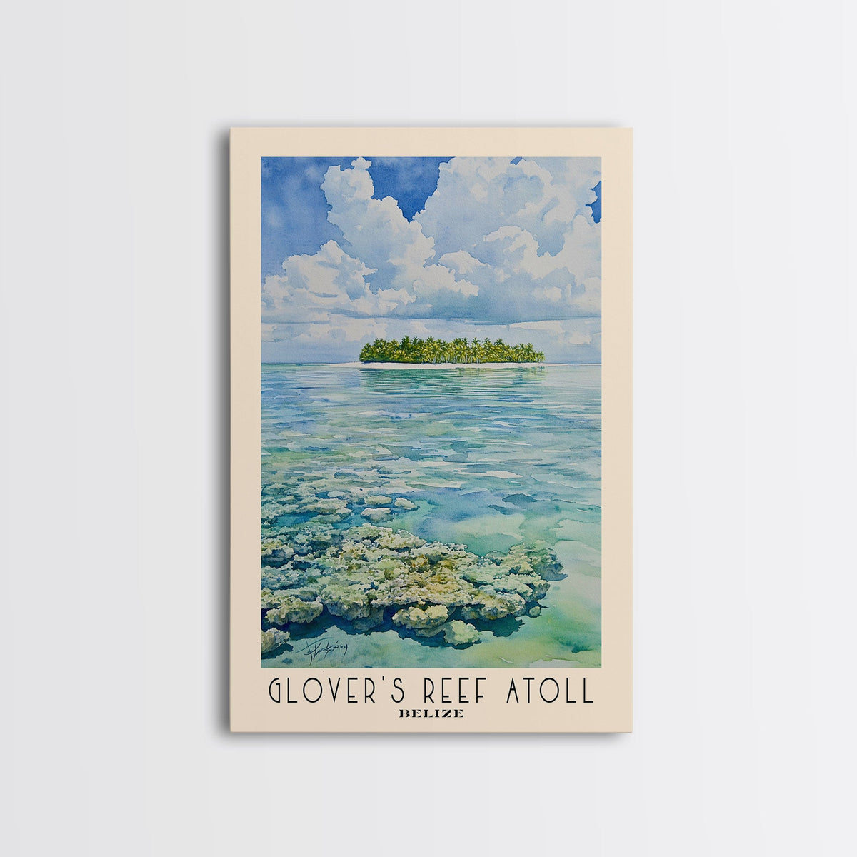 Glover’s Reef Atoll, Belize Watercolor Beach Print, Vacation Gift, Bel