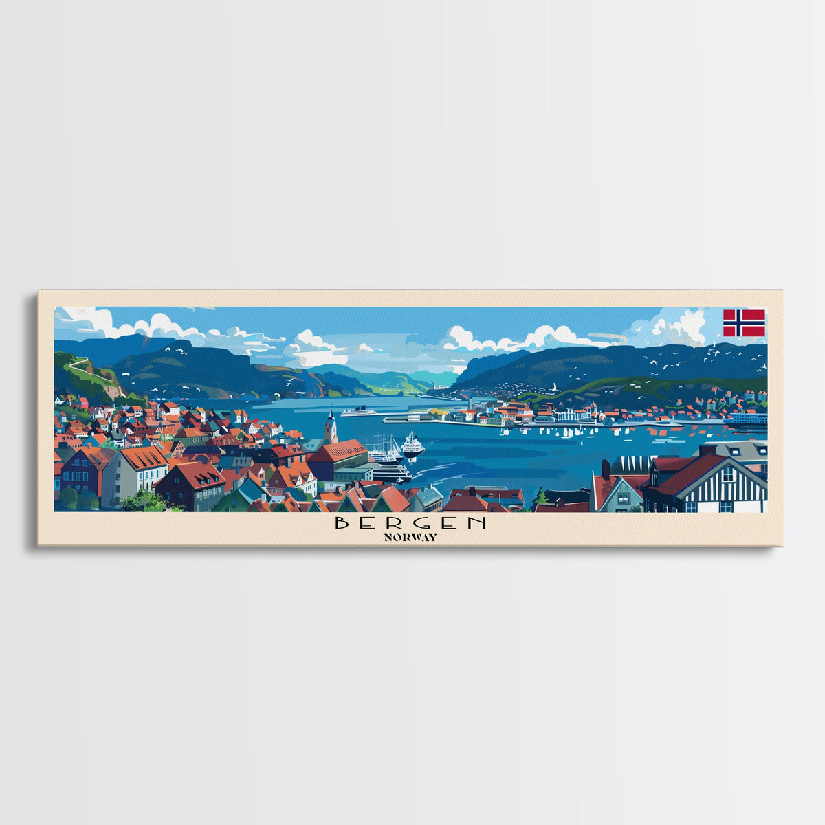 Bergen Norway Wall Art, Panoramic Travel Poster, Panoramic Framed Canv