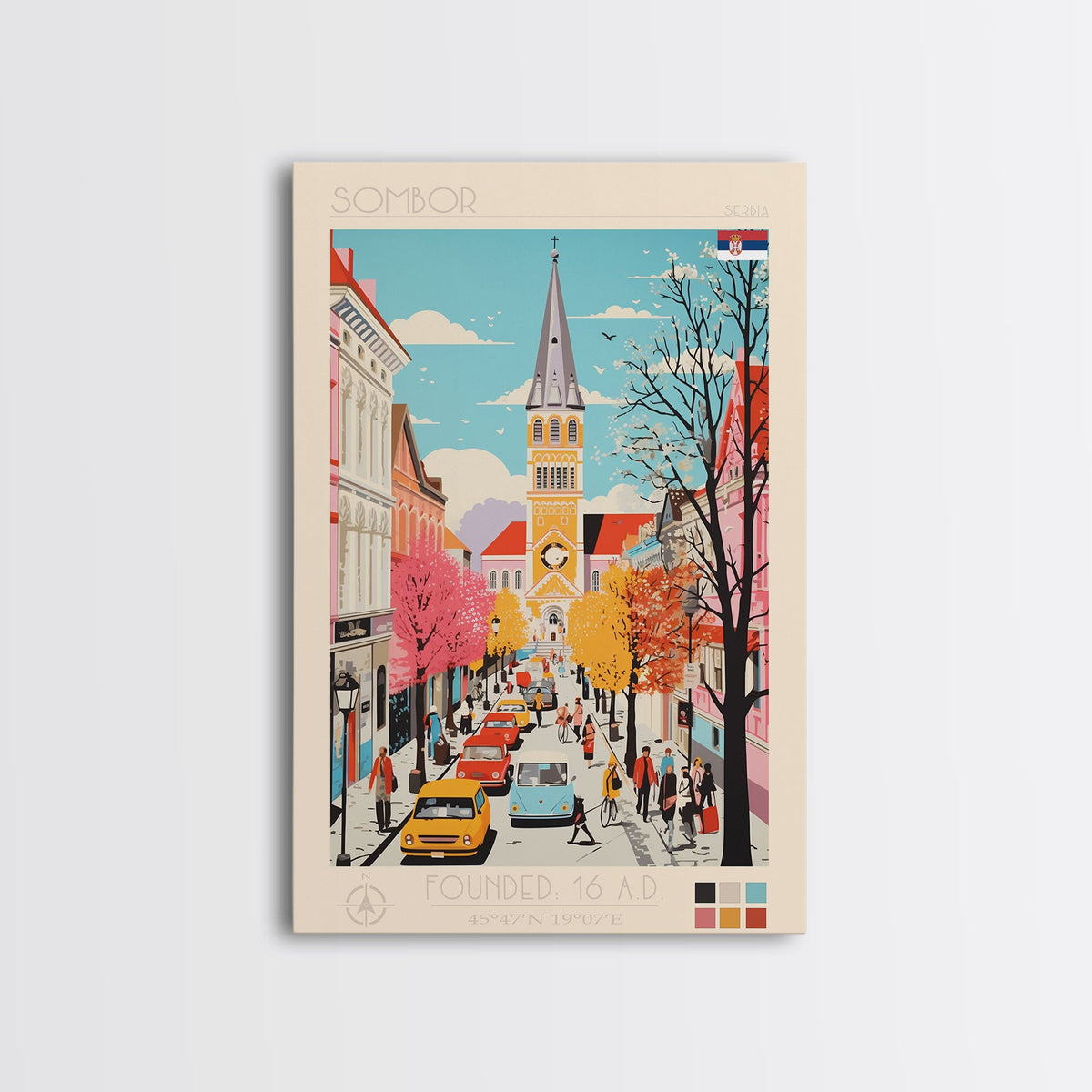 Sombor Serbia Travel Poster Framed Canvas Print, Midcentury Modern Art
