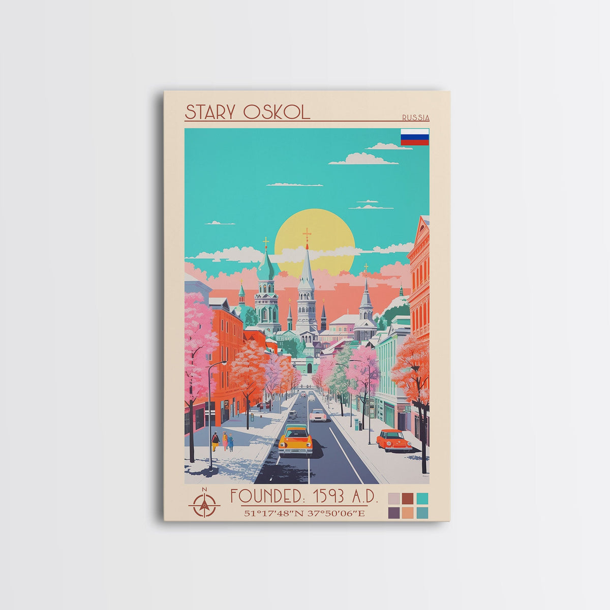 Stary Oskol Russia Travel Poster Framed Canvas Print, Midcentury Moder