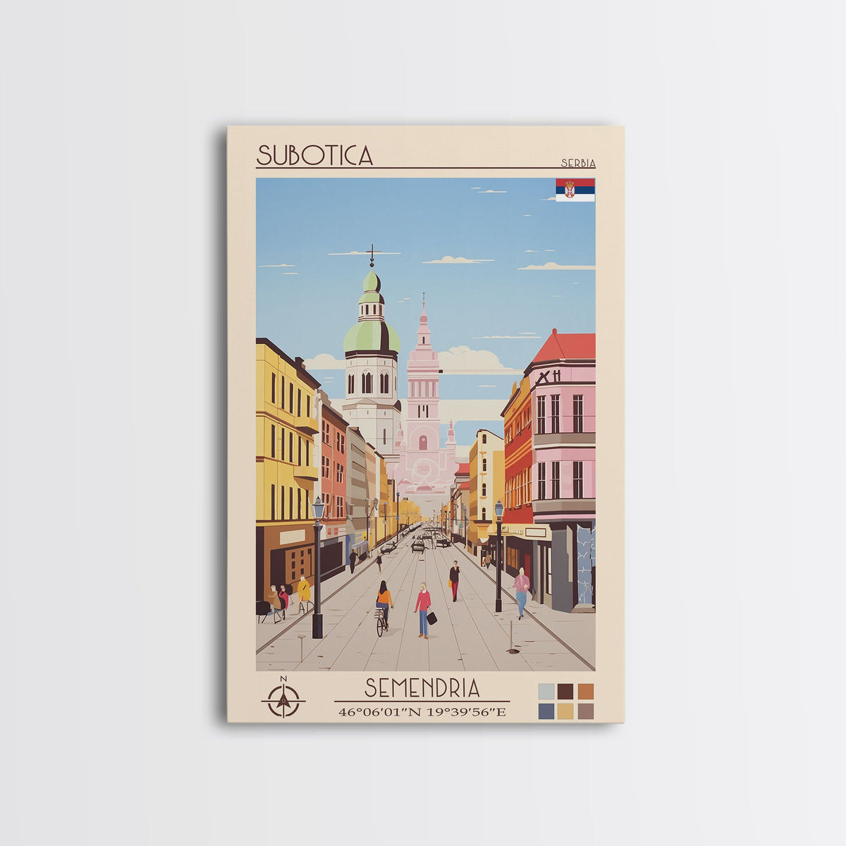 Subotica Serbia Travel Poster Framed Canvas Print, Midcentury Modern A