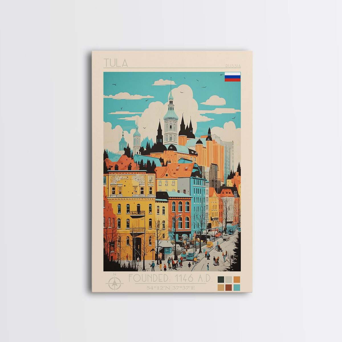 Tula Russia Travel Poster Framed Canvas Print, Midcentury Modern Art,