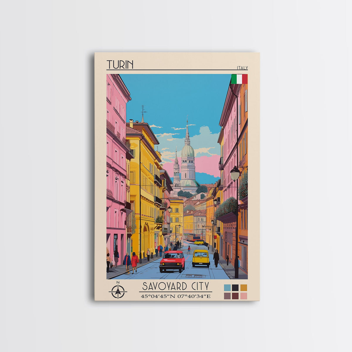 Turin Italy Travel Poster Framed Canvas Print, Midcentury Modern Art,