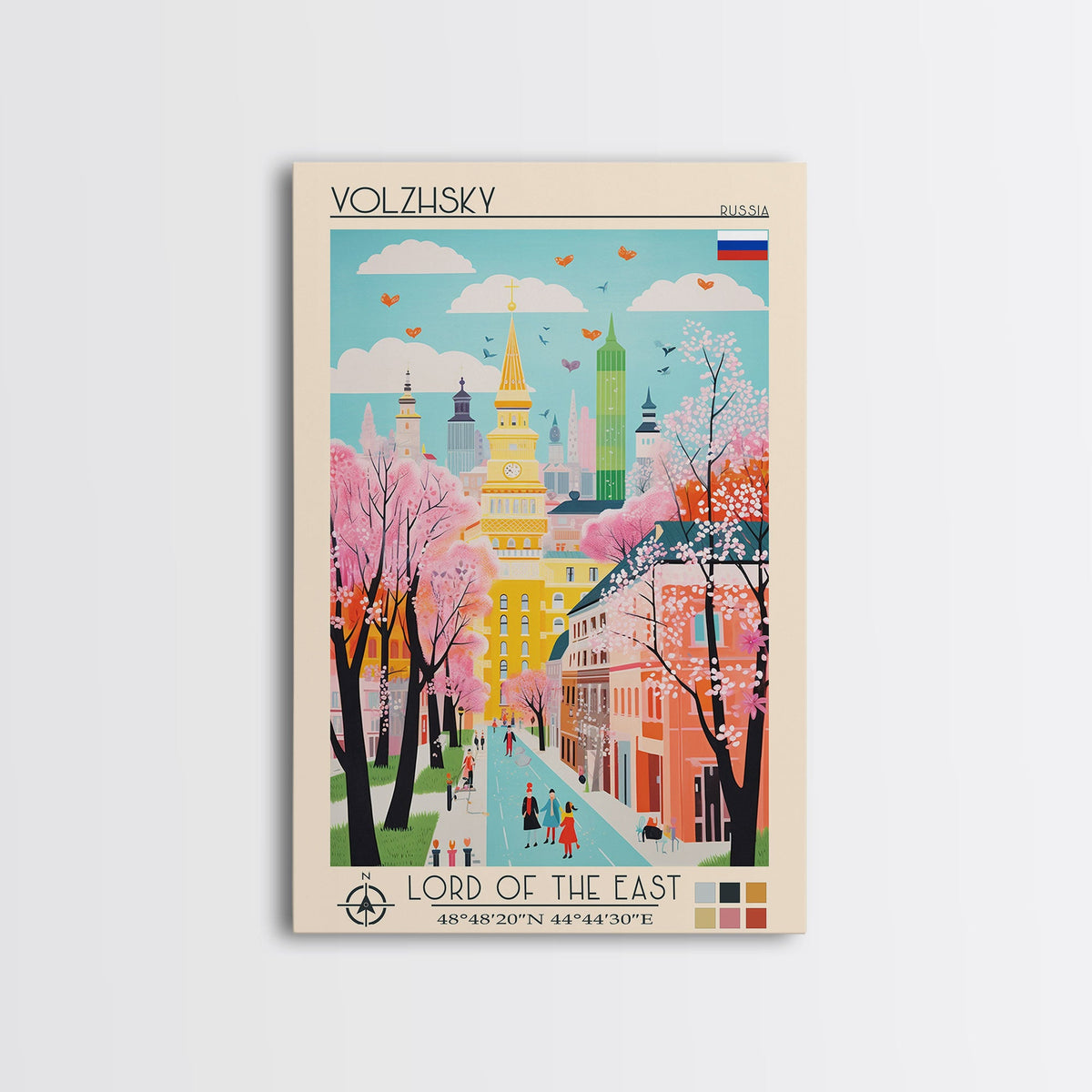 Volzhsky Russia Travel Poster Framed Canvas Print, Midcentury Modern A