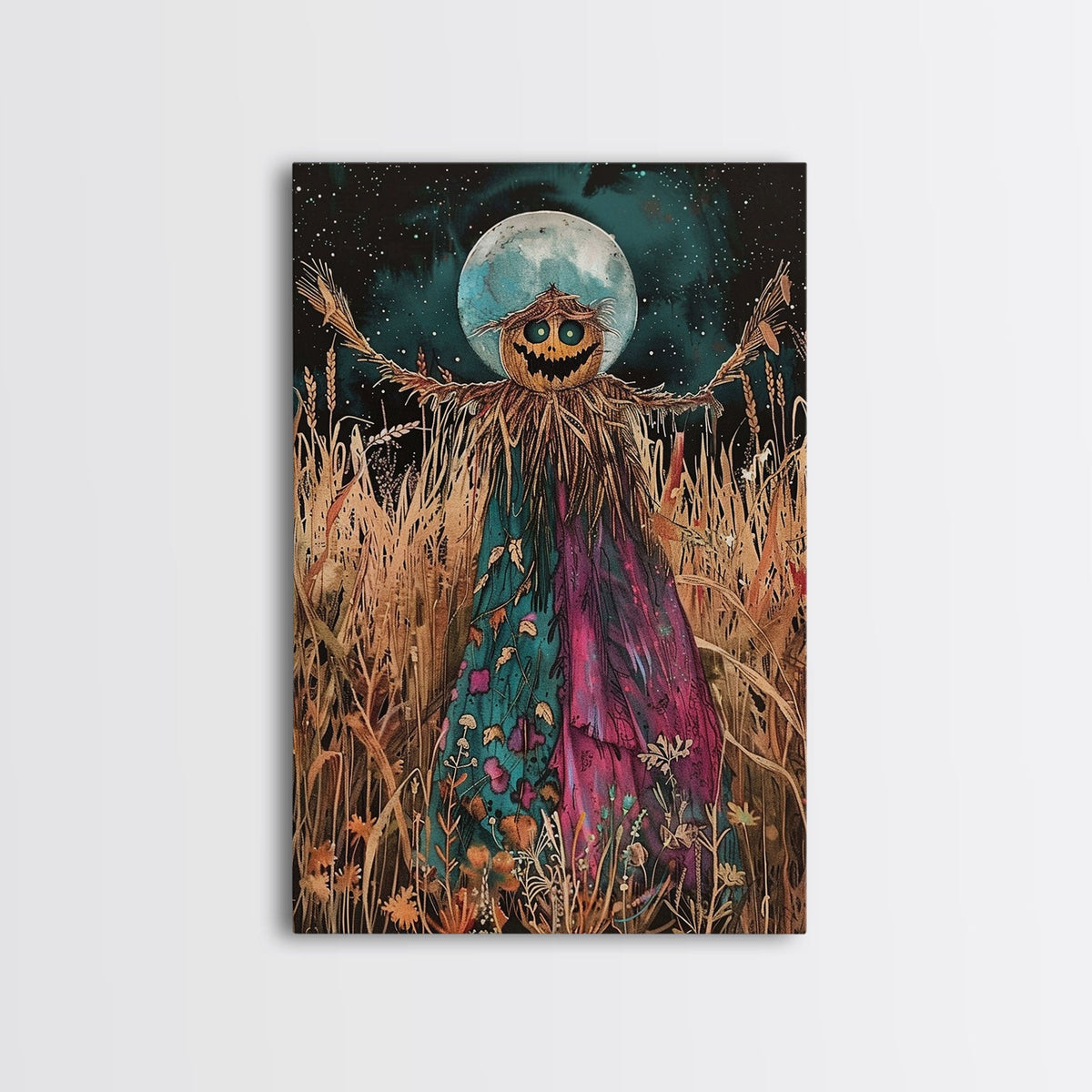 Spooky Scarecrow in Field Framed Canvas Print, Haunted Field Decor, Ha
