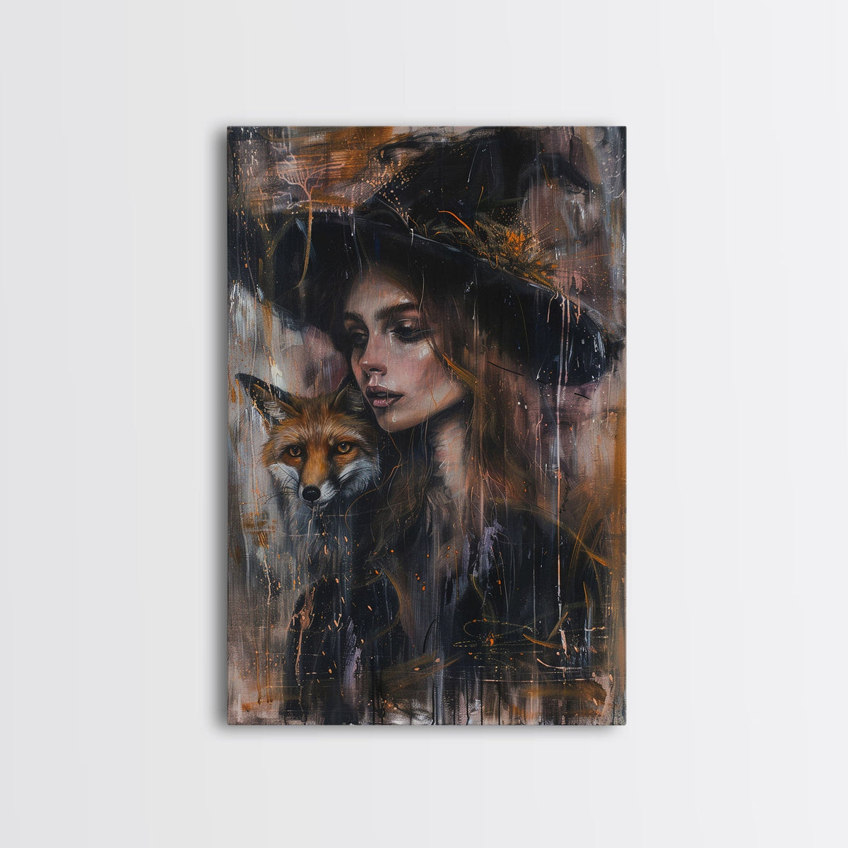 The Witch And Her Fox Familiar Framed Canvas Print | Halloween Unique
