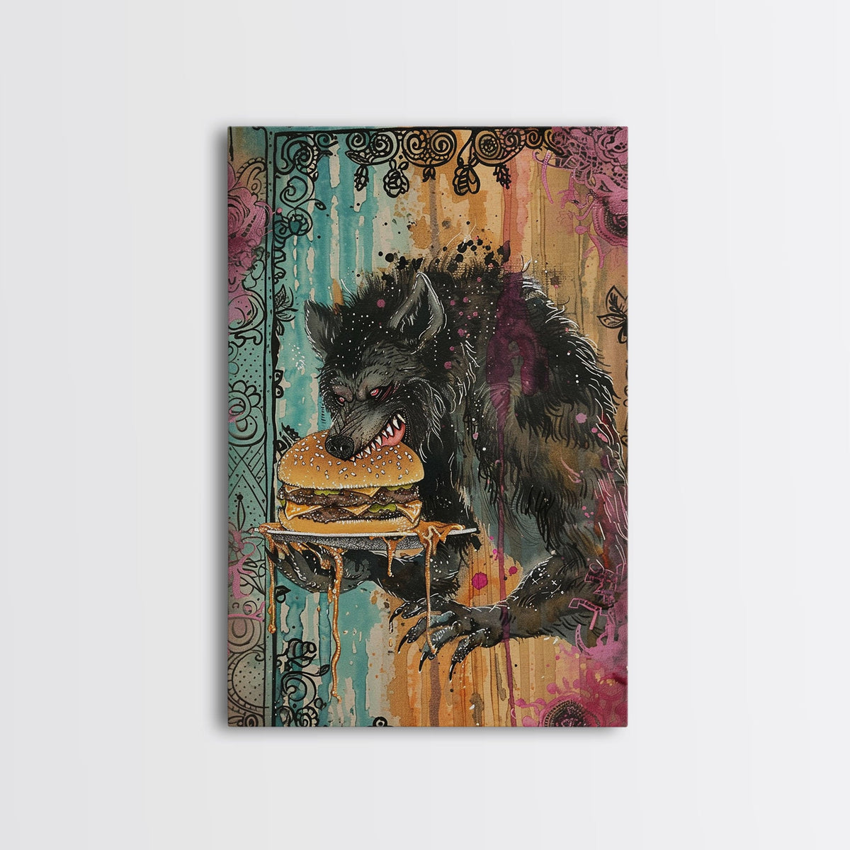 Halloween Creepy Werewolf with Burger Framed Canvas Print, Wall Art, L