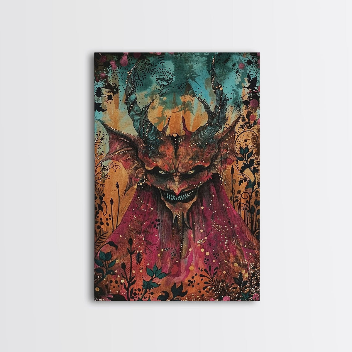 Dark Demon with Menacing Smile Framed Canvas Print, Halloween Art, Cre