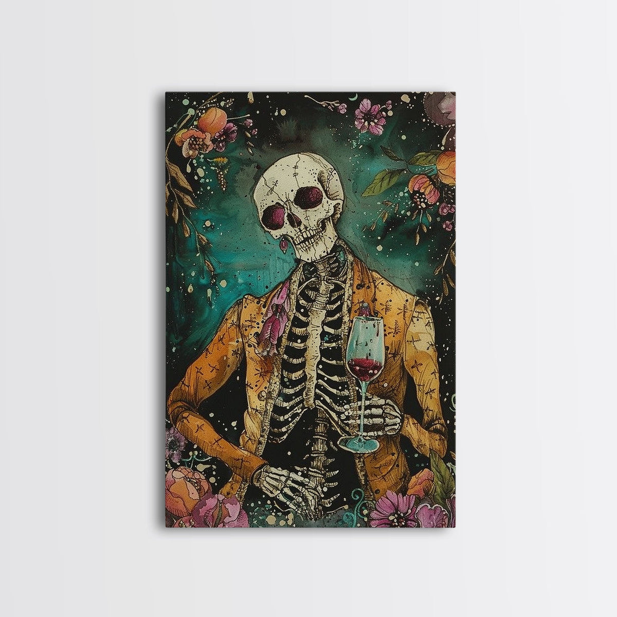 Skeleton Gentleman with Wine Glass Framed Canvas Print, Halloween Art,
