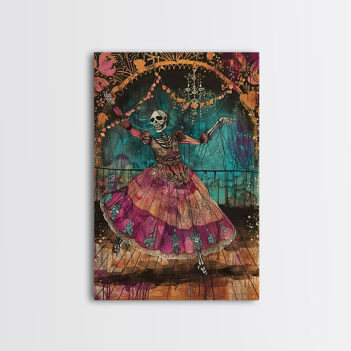 Skeleton Dancer in a Vibrant Dress Celebrates Halloween, Bringing Spoo