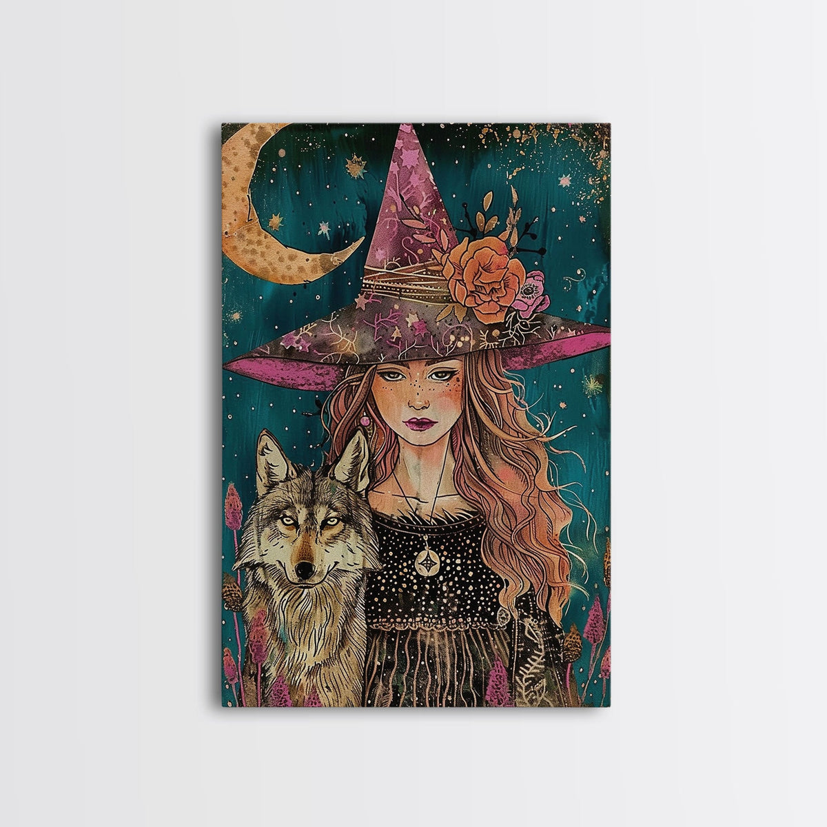 Cottage Core Witch Portrait Framed Canvas Print, Witch Art, Witch and