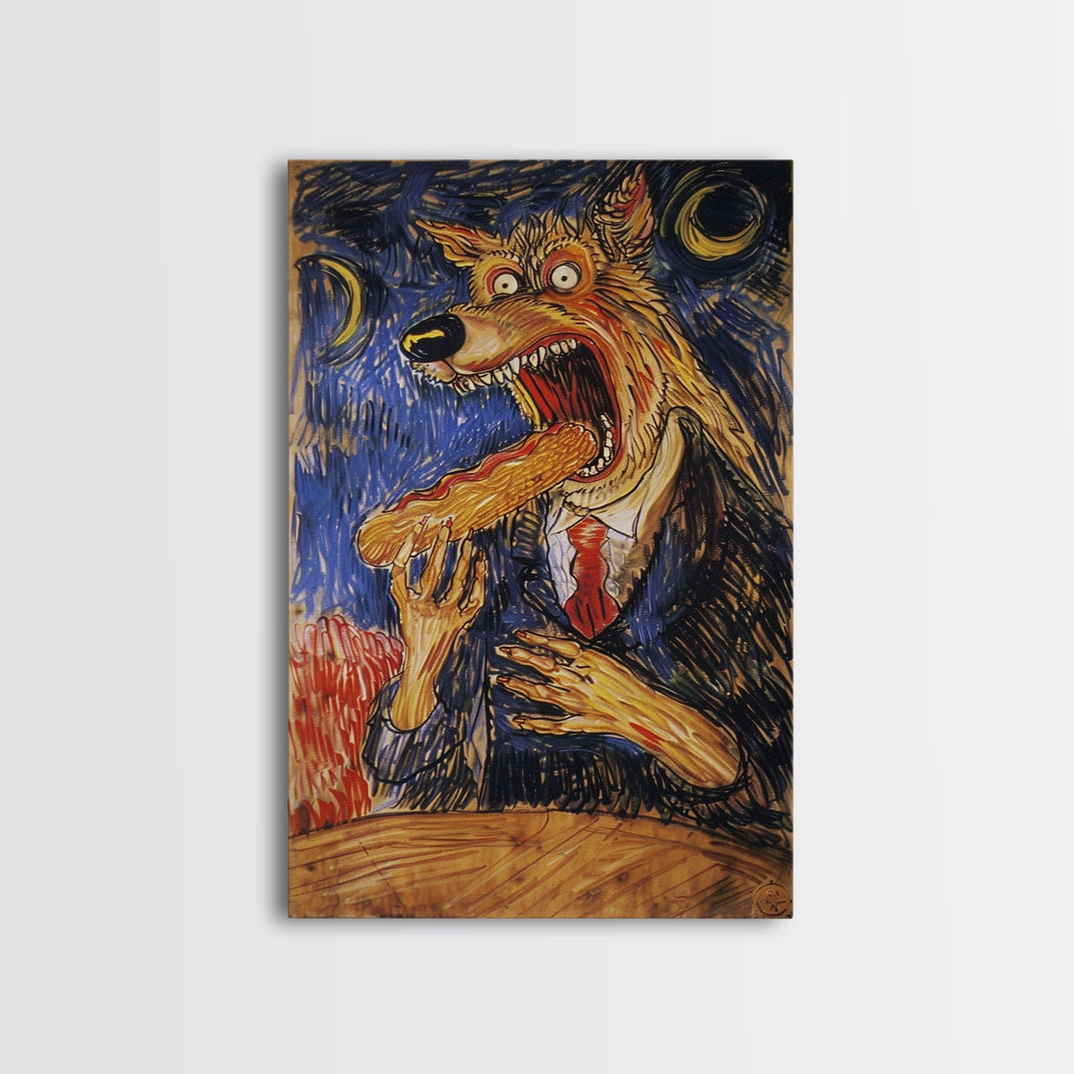 Business Werewolf Eating a Hot Dog, Framed Canvas print, Funny Hallowe