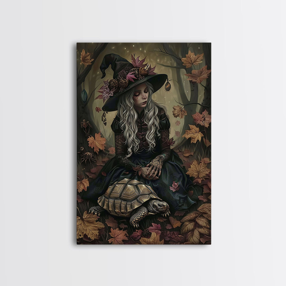 Witch with Turtle in Autumn Forest - Halloween Wall Art - Spooky Home