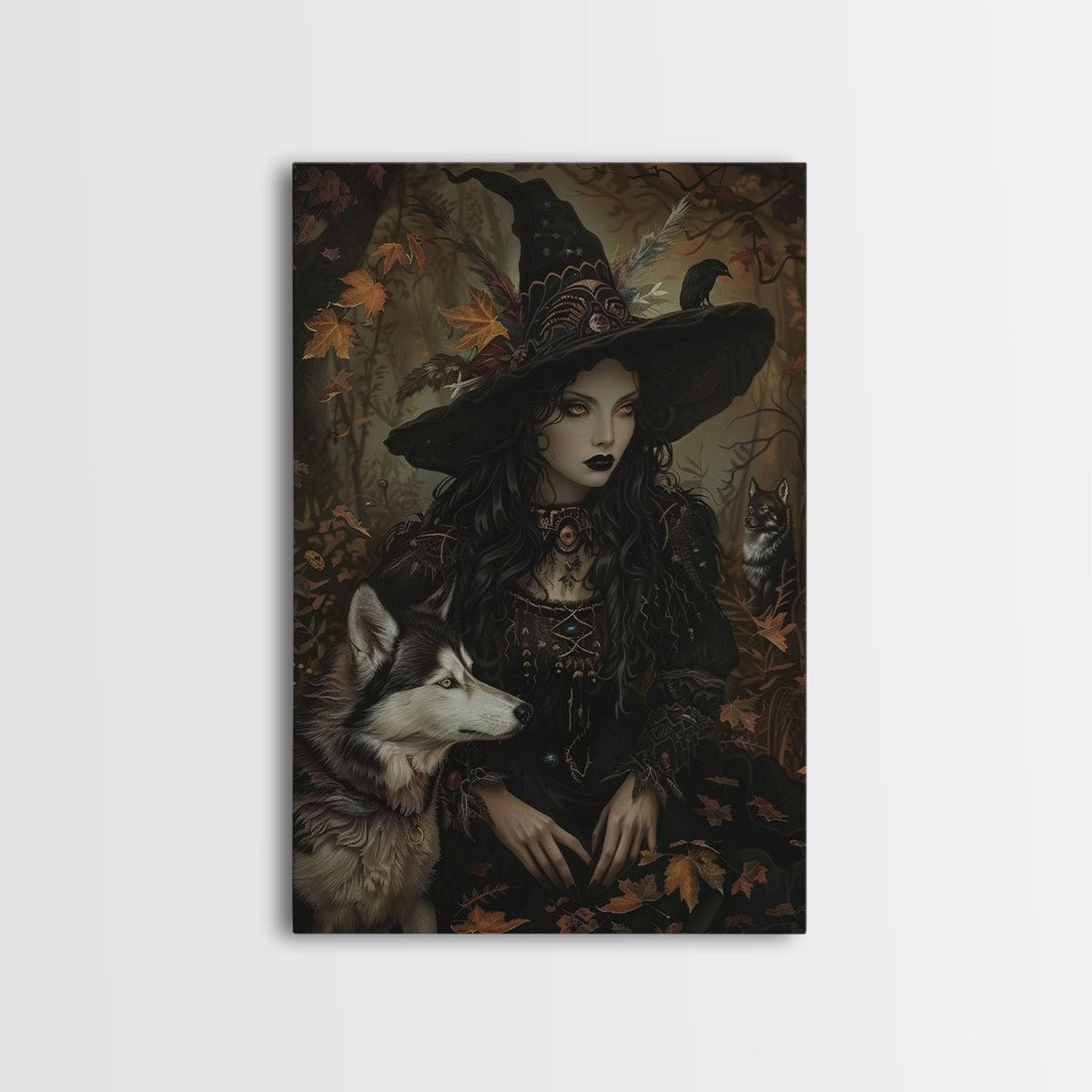 Witch with Wolves in Enchanted Forest - Dark Sorcery Mystical Art Fram